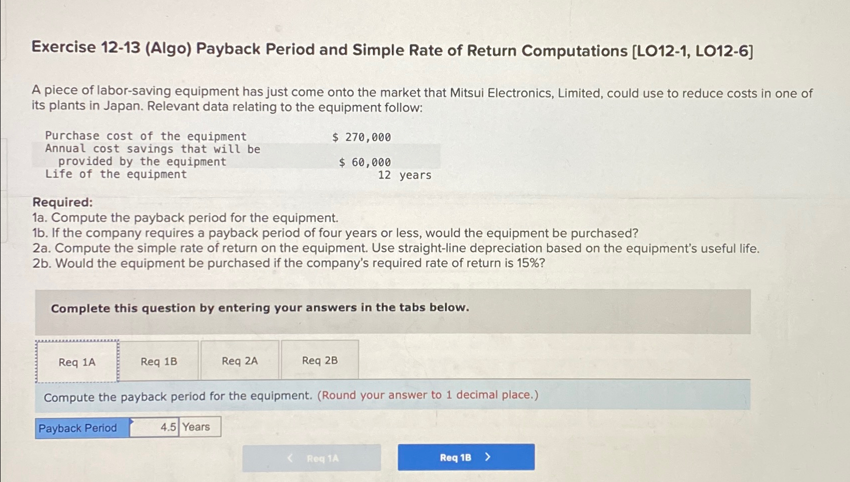Solved Exercise 12-13 (Algo) ﻿Payback Period and Simple Rate | Chegg.com