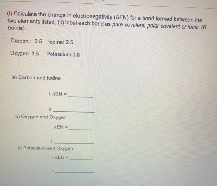 Solved (i) Calculate the change in electronegativity (AEN) | Chegg.com