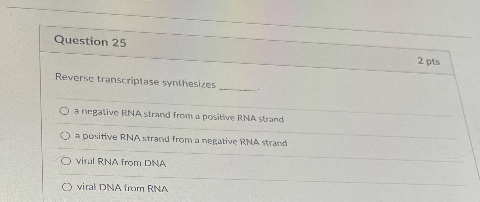 Solved Question 252 ﻿ptsReverse transcriptase synthesizesa | Chegg.com