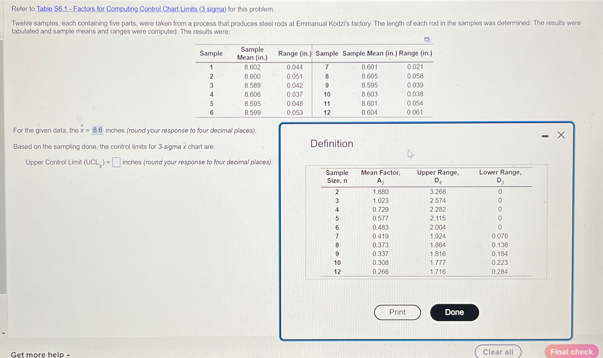 Solved Refer to Table S6.1 - ﻿Factors for Computing Control | Chegg.com