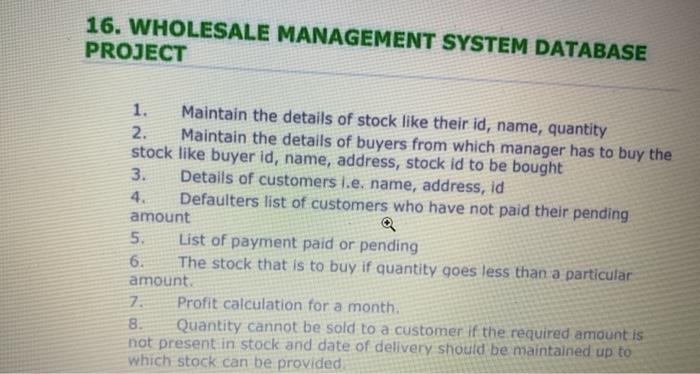 Solved 16. WHOLESALE MANAGEMENT SYSTEM DATABASE PROJECT 1. | Chegg.com