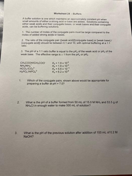 Solved Worksheet 24 - Buffers A buffer solution is one which | Chegg.com
