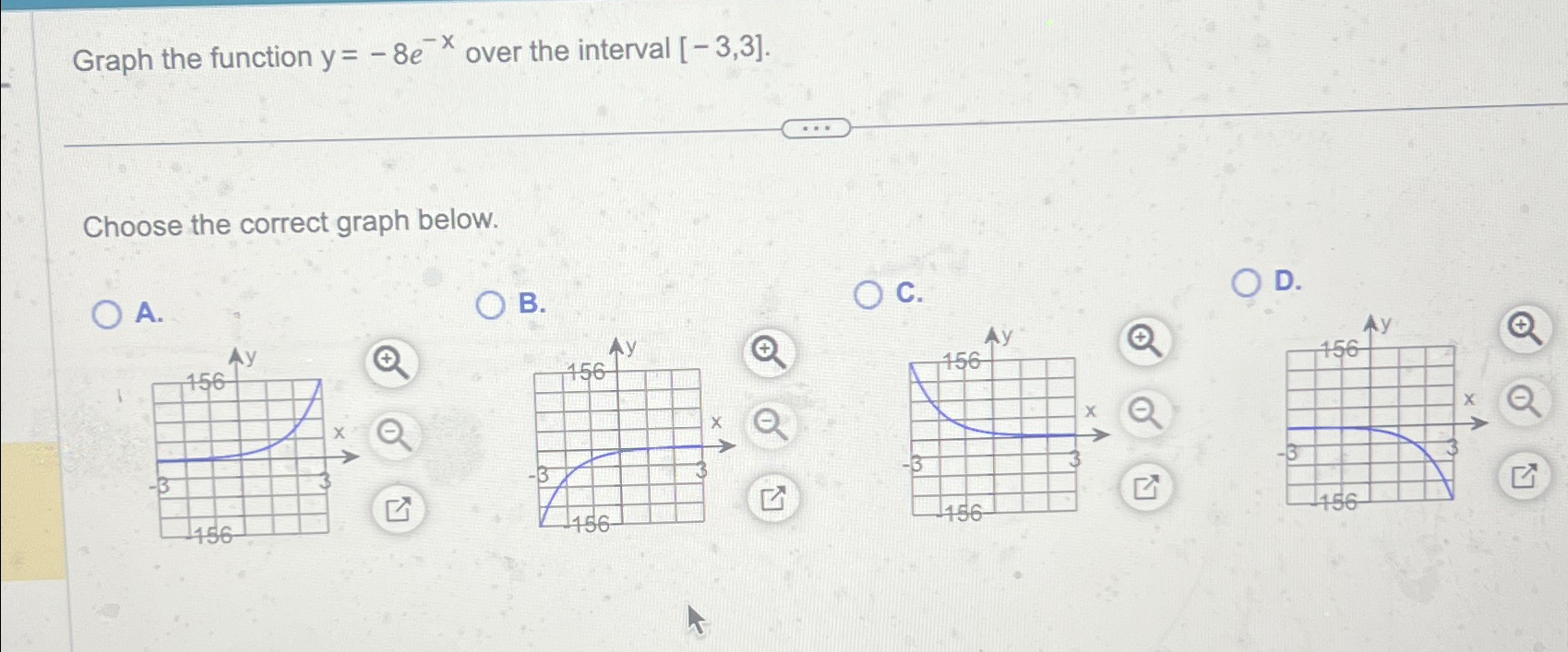 Solved Graph the function y=-8e-x ﻿over the interval | Chegg.com