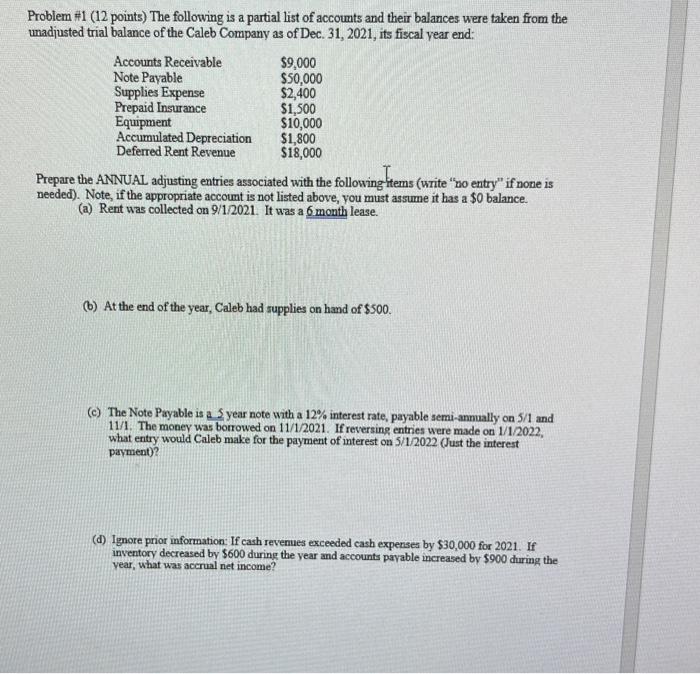 Solved Problem \#1 (12 points) The following is a partial | Chegg.com