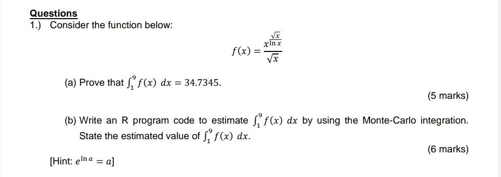 Solved Questions 1.) Consider the function below: | Chegg.com