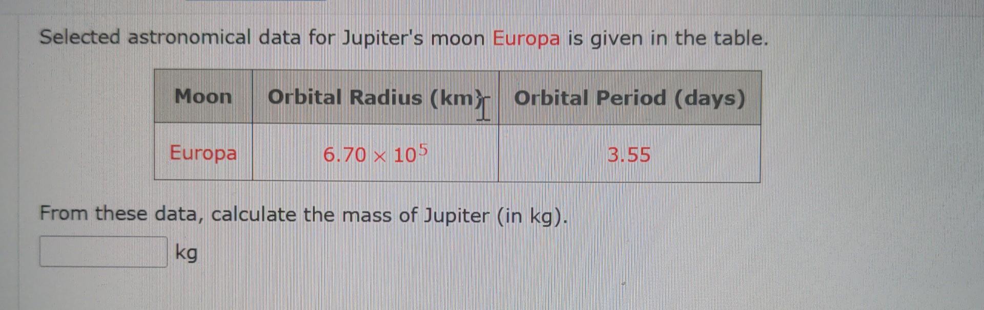 Solved Selected astronomical data for Jupiter's moon Europa | Chegg.com