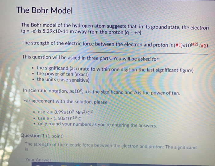 Solved The Bohr Model The Bohr model of the hydrogen atom | Chegg.com