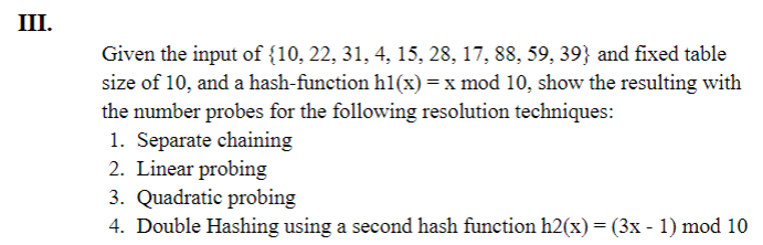 Solved III.Given the input of {10,22,31,4,15,28,17,88,59,39} | Chegg.com