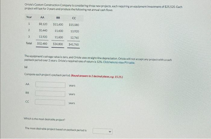 Solved Oriole's Custom Construction Company is considering | Chegg.com