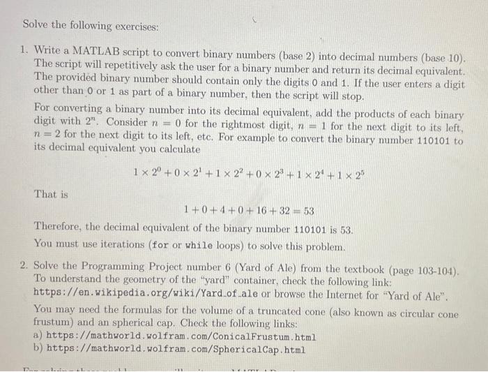 Solved 1. Write a MATLAB script to convert binary numbers | Chegg.com