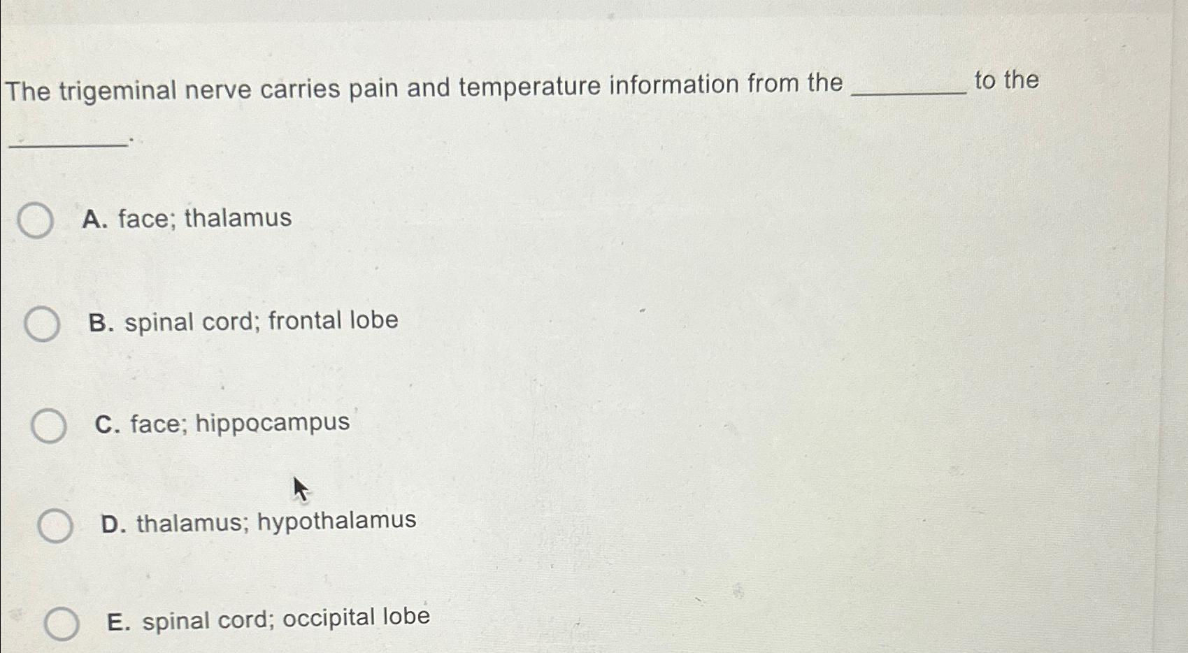 Solved The trigeminal nerve carries pain and temperature | Chegg.com
