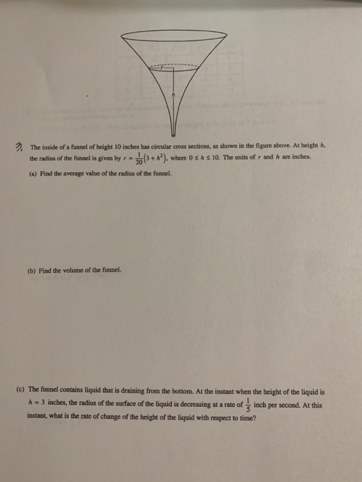 Solved 2. The inside of a funnel of height 10 inches has | Chegg.com