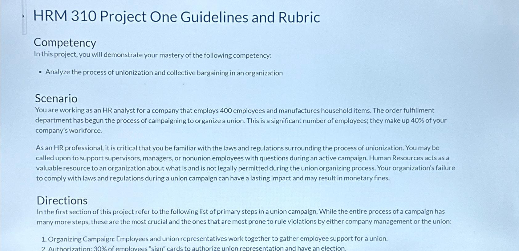 Solved HRM 310 ﻿Project One Guidelines and | Chegg.com