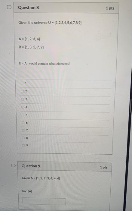 Solved Given the universe U=[1,2,3,4,5,6,7,8,9] | Chegg.com