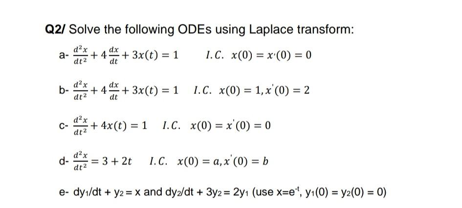 Solved Q2/ Solve the following ODEs using Laplace transform: | Chegg.com