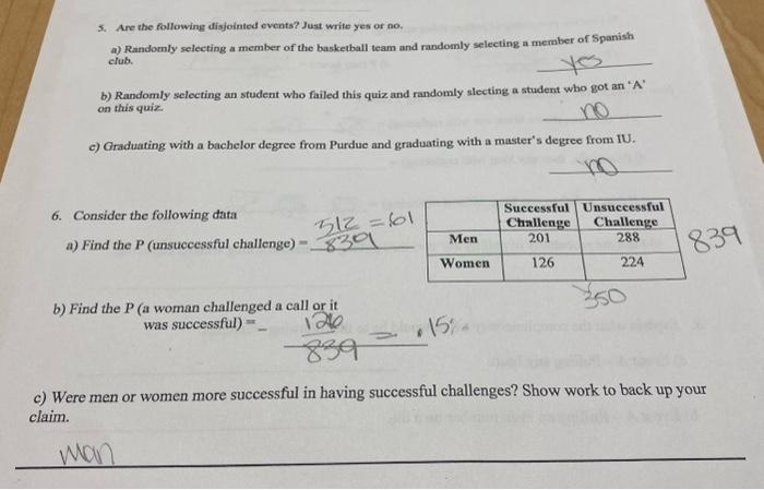 Solved 5. Are the following disjointed events? Just write | Chegg.com