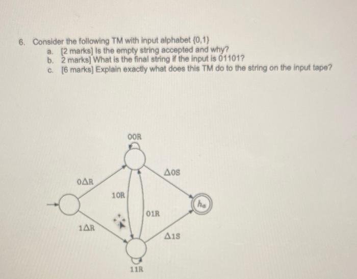 Solved 6. Consider the following TM with input alphabet | Chegg.com