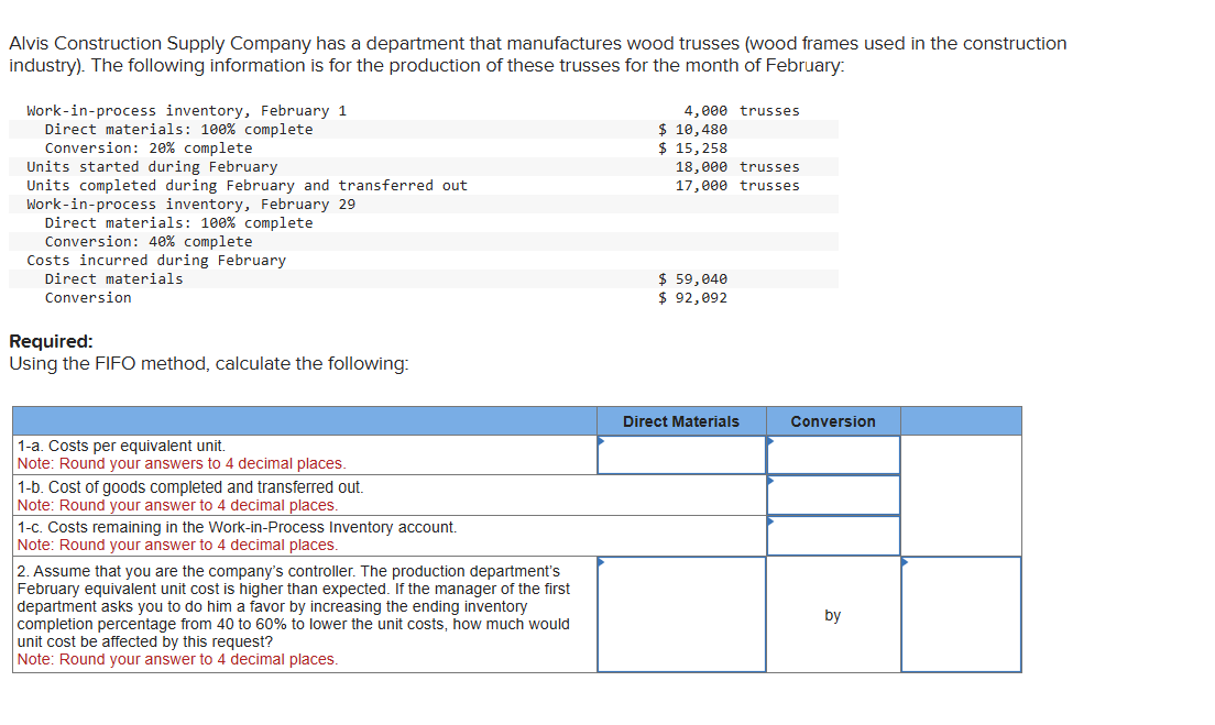 Solved Alvis Construction Supply Company has a department | Chegg.com