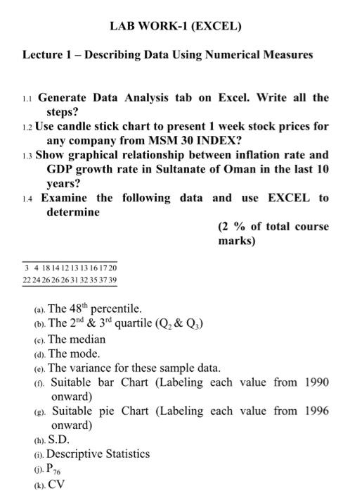 Solved LAB WORK-1 (EXCEL) Lecture 1 - Describing Data Using | Chegg.com