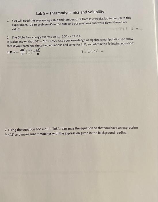 Solved 1. You will need the average Ks, value and | Chegg.com