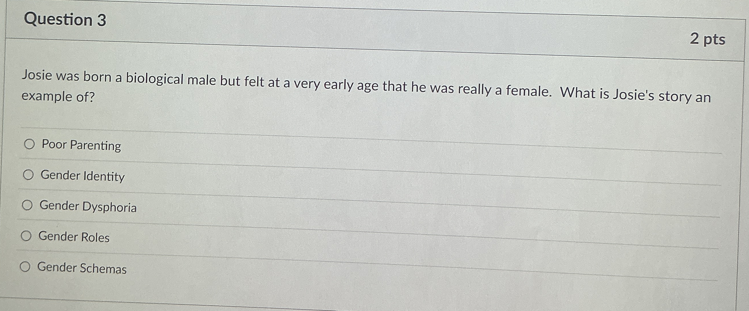 Solved Question 32 ﻿ptsJosie was born a biological male but | Chegg.com
