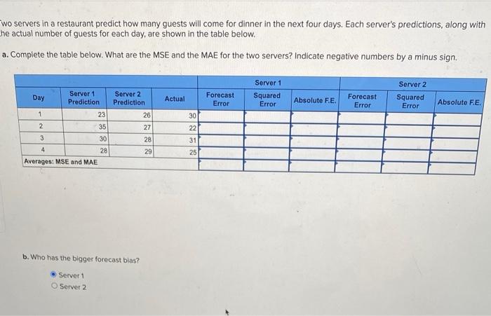 Solved No servers in a restaurant predict how many guests | Chegg.com