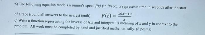 Solved 6) The following equation models a runner's speed | Chegg.com