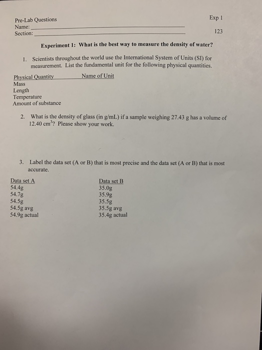Solved Exp 1 Pre-Lab Questions Name: Section: 123 Experiment | Chegg.com