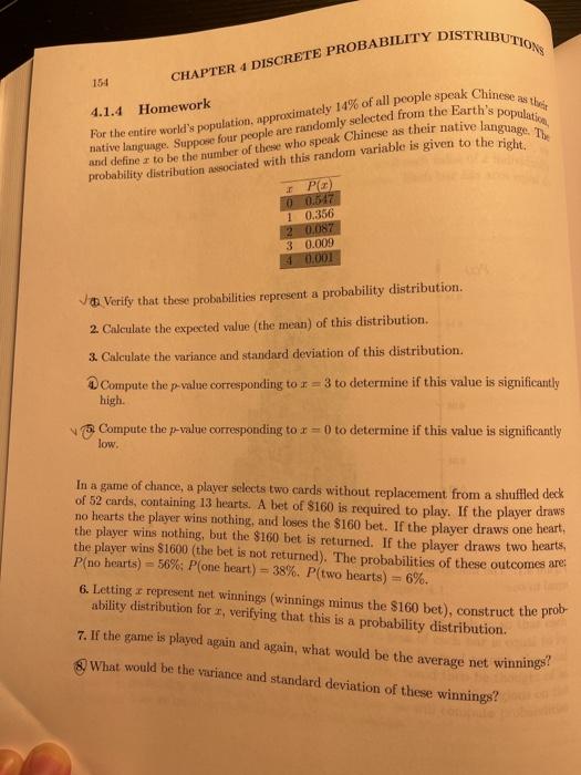 Solved 154 CHAPTER 4 DISCRETE PROBABILITY DISTRIBUTIONS | Chegg.com