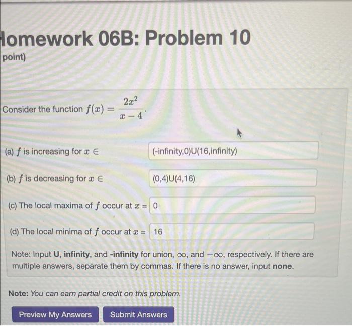 Solved lomework 068: Problem 10 point) Consider the function | Chegg.com