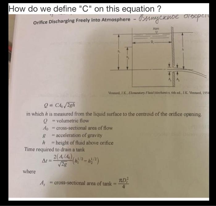Solved How do we define "C" on this equation ? Orifice | Chegg.com