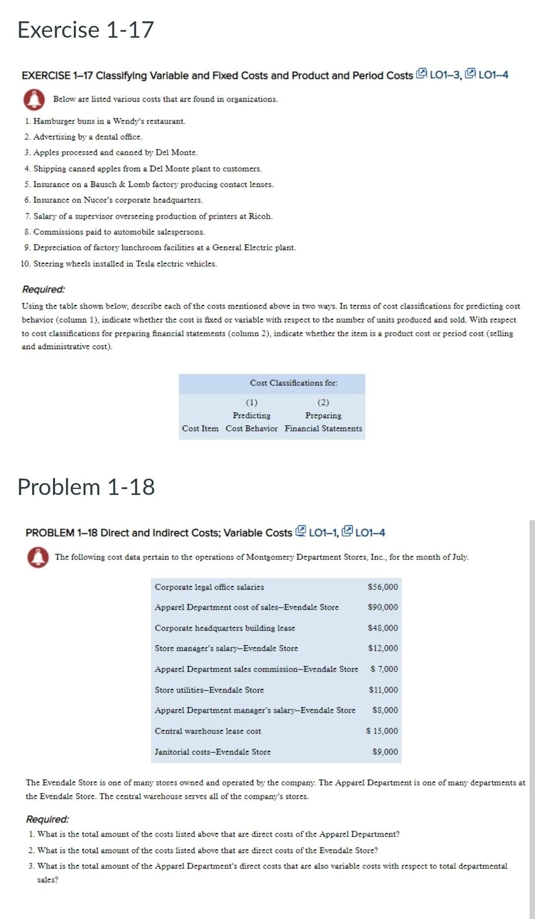 Solved EXERCISE 1-17 Classifying Variable and Fixed Costs | Chegg.com