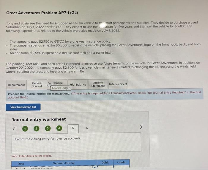 Solved Great Adventures Problem AP7-1 (GL) Tony and Suzie | Chegg.com