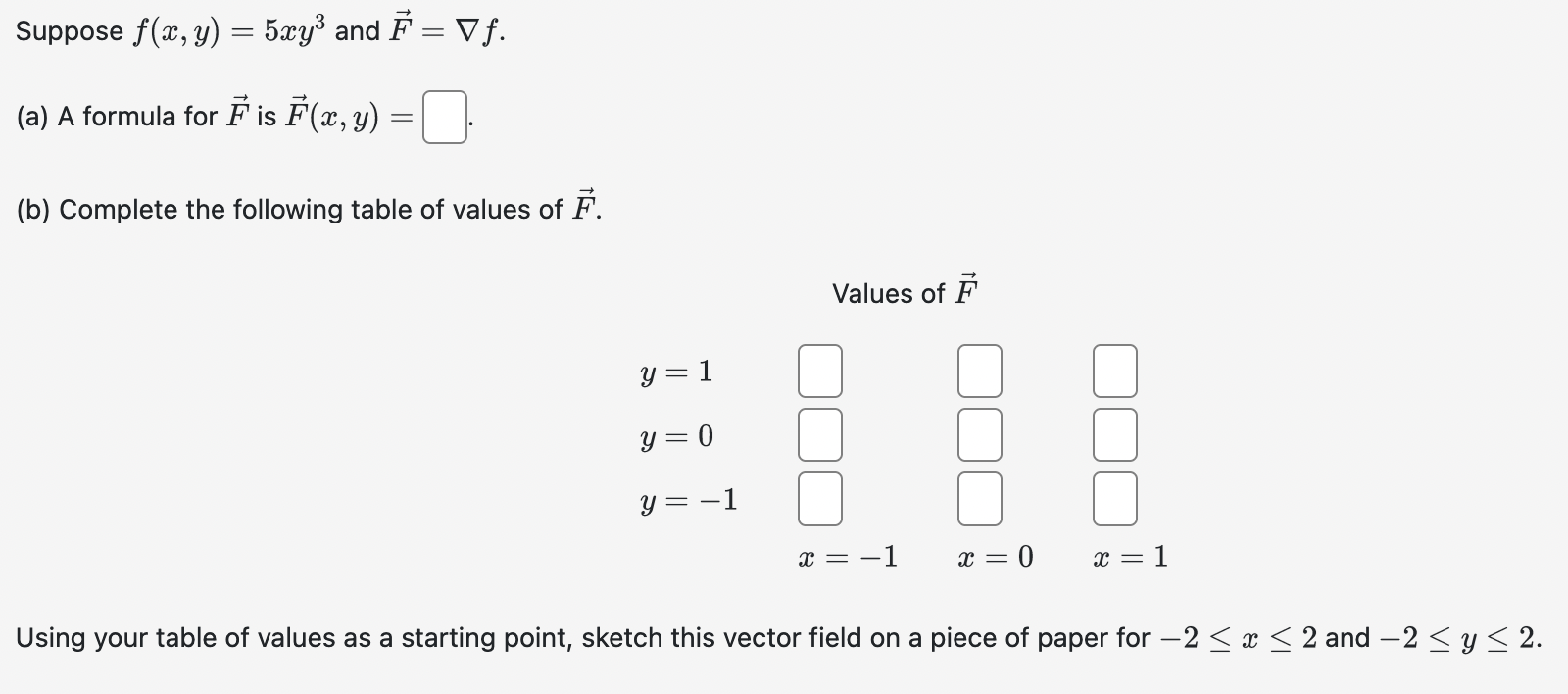 Solved Suppose f(x,y)=5xy3 ﻿and vec(F)=gradf.(a) ﻿A formula | Chegg.com