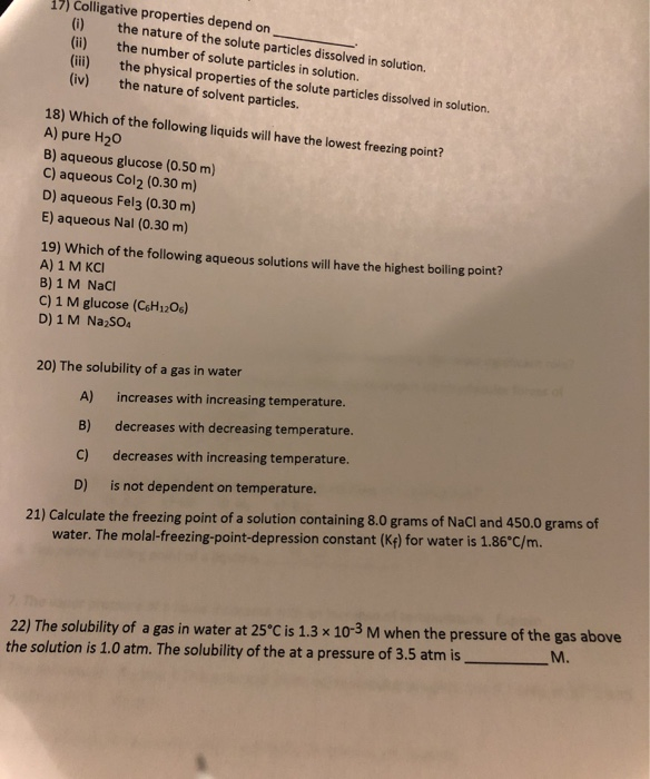 Solved 17) Colligative properties depend on the nature of | Chegg.com