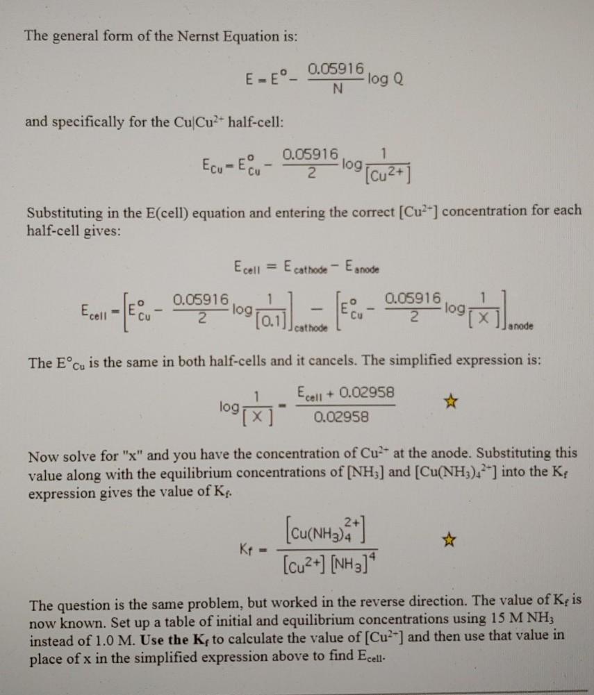 Solved Part II: Nernst Equation and Determination of Kf | Chegg.com