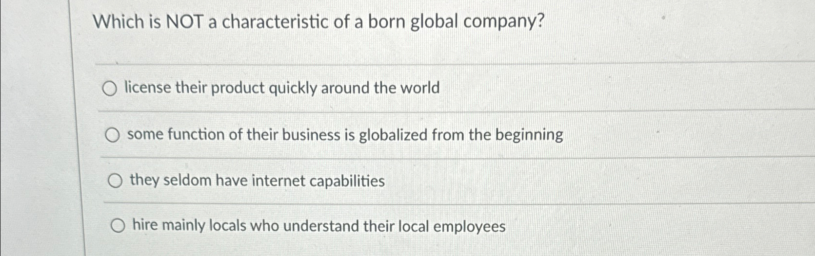 Solved Which is NOT a characteristic of a born global | Chegg.com