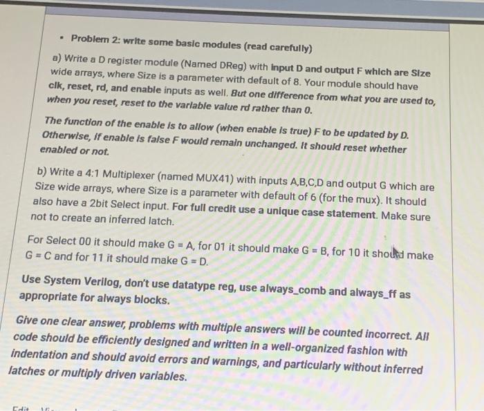 Solved Problem 2: write some basic modules (read carefully) | Chegg.com