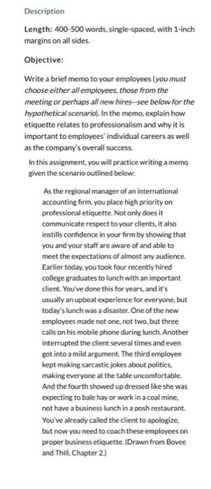 Solved Description Length: 400-500 words, single-spaced, | Chegg.com