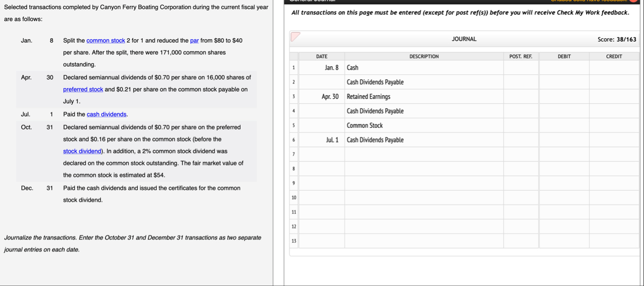 Solved Selected transactions completed by Canyon Ferry | Chegg.com