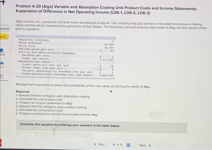 Solved Problem 6-20 (Algo) Variable and Absorption Costing | Chegg.com