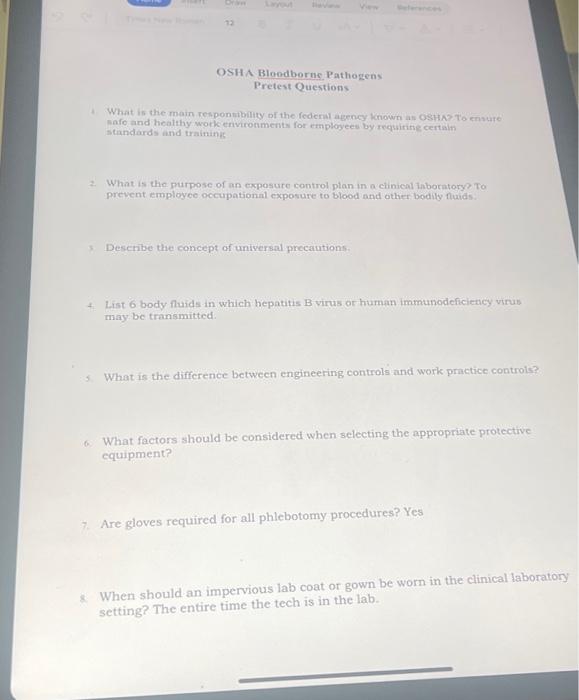 Solved OSHA Bloodborne. Pathogens Pretest Questions 1. What | Chegg.com