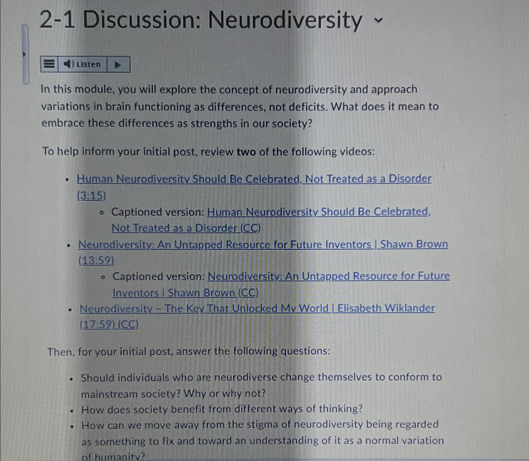 Solved 2-1 ﻿Discussion: NeurodiversityIn this module, you | Chegg.com