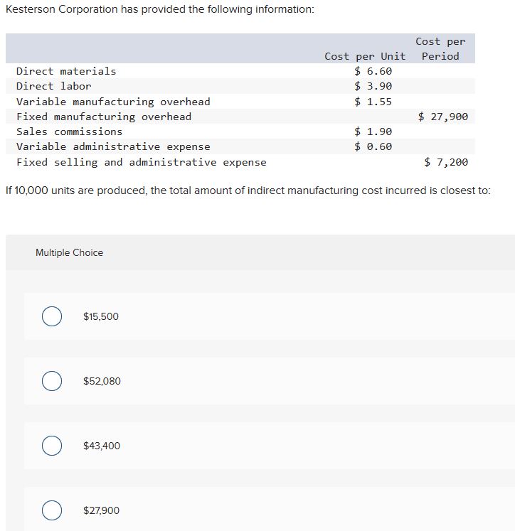 Solved Kesterson Corporation has provided the following | Chegg.com