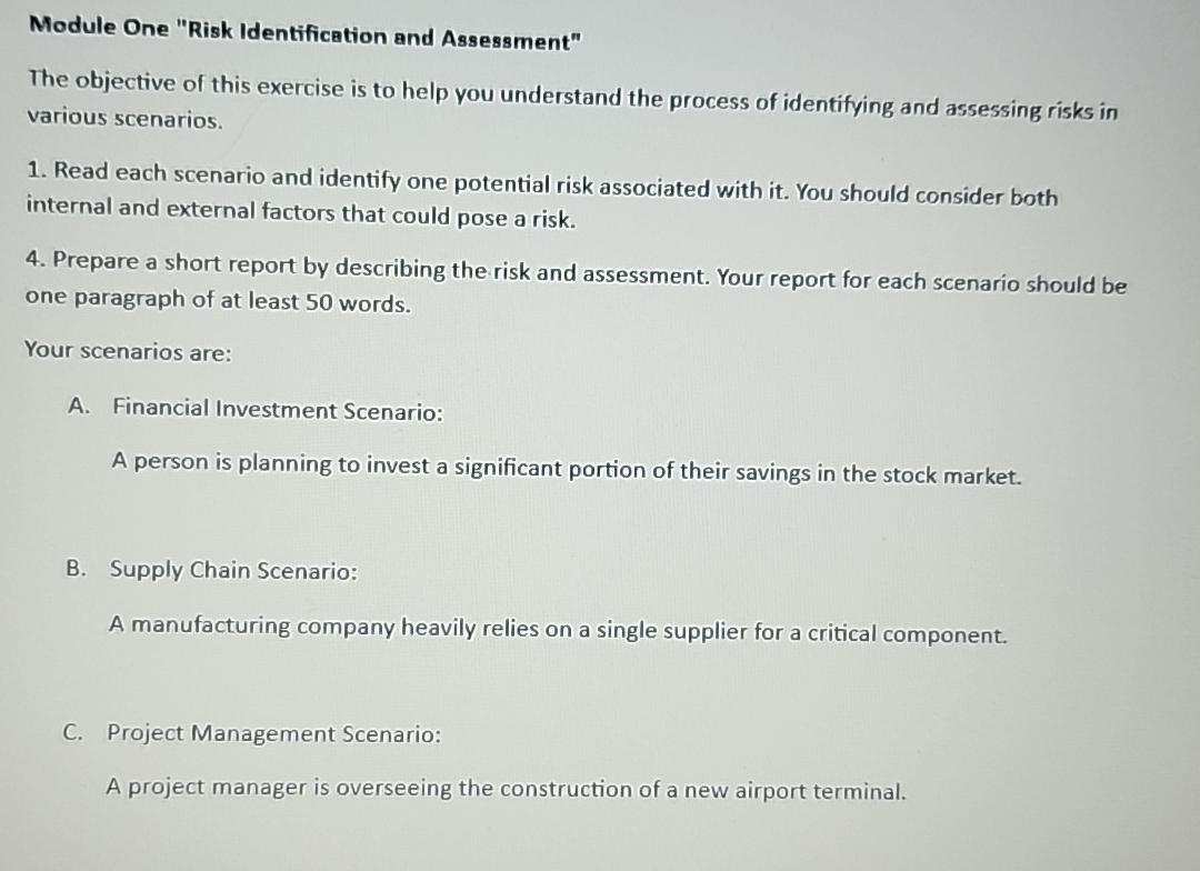Solved Module One "Risk Identification and Assessment"The | Chegg.com