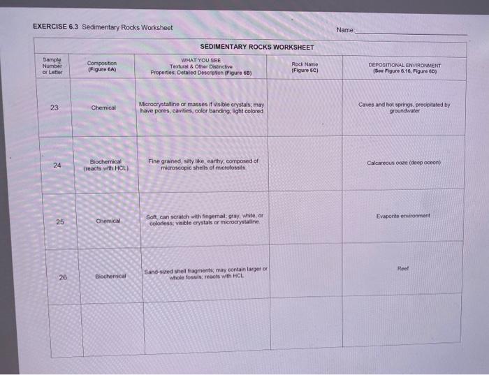 Solved EXERCISE 6.3 Sedimentary Rocks Worksheet Name | Chegg.com