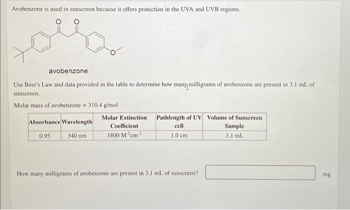 Solved Avobenzone is used in sunscreen because it offers | Chegg.com