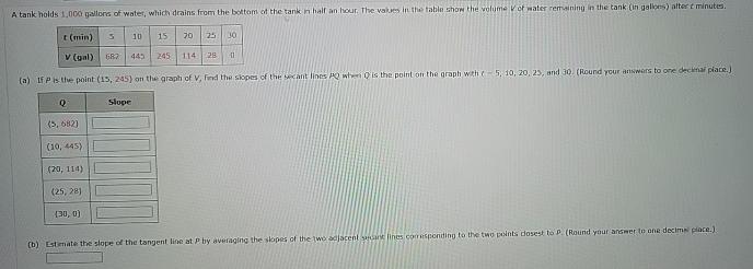 Solved \table[[t (min),5,10,15,70,24,10],[V (gal),687,445,24 | Chegg.com
