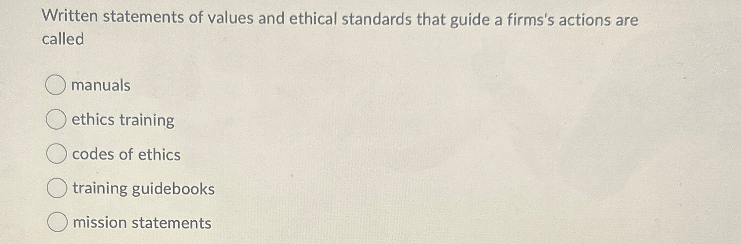 Solved Written statements of values and ethical standards | Chegg.com