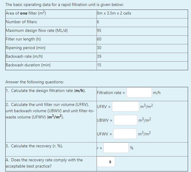 Solved 6 The basic operating data for a rapid filtration | Chegg.com